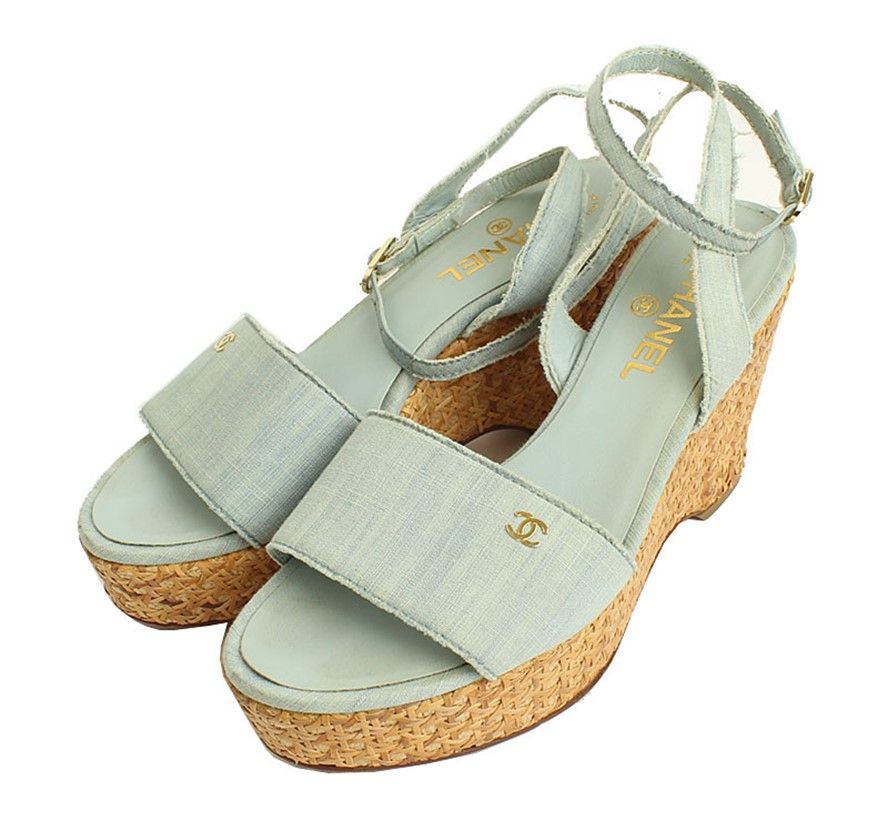 CHANEL Denim Gold CC Weaving Wedge Sandals 37 28421418 – trenbe